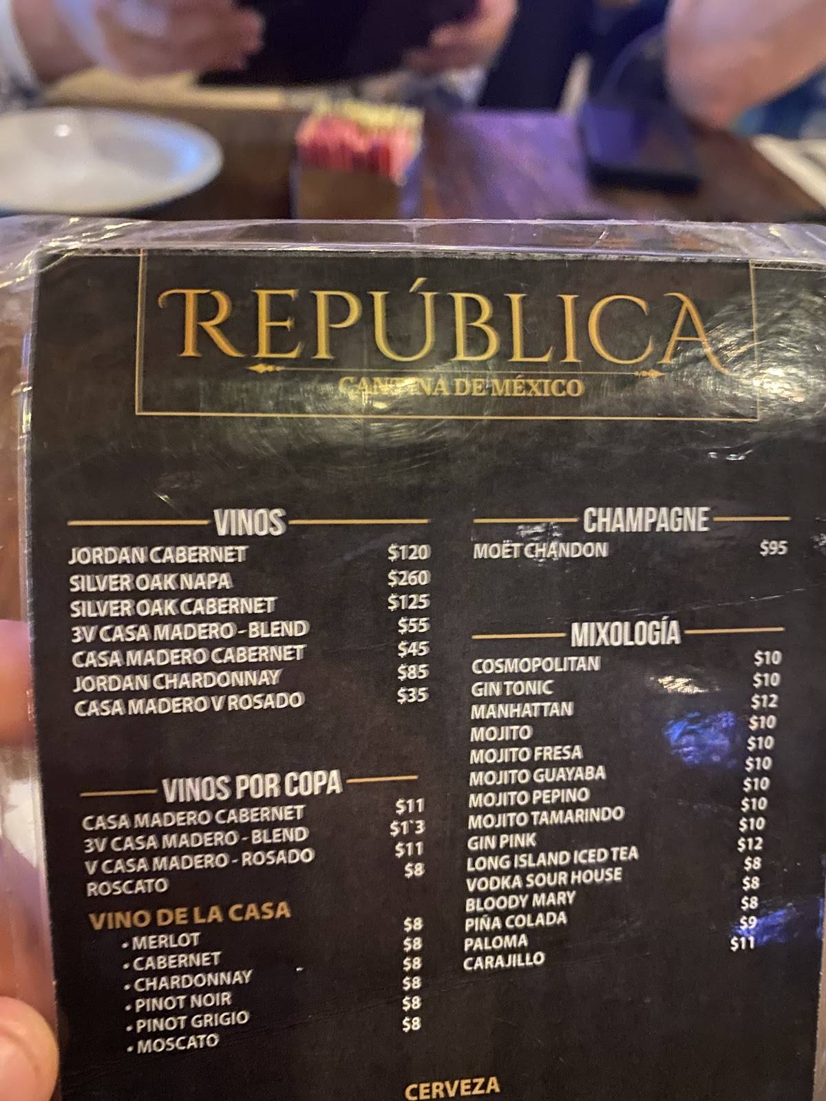 Menu at República cantina de México restaurant, Laredo