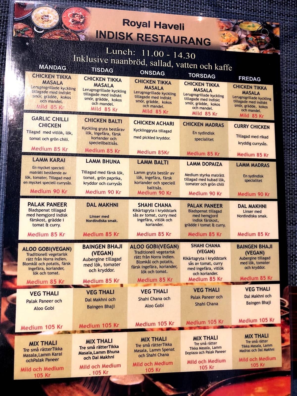 Menu at Restaurang Royal Haveli restaurant, Helsingborg