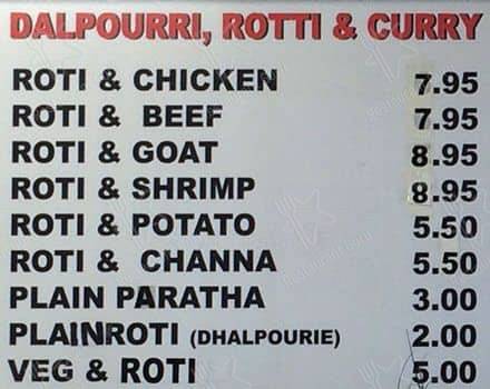 Menu at ACR Hot Roti & Doubles restaurant, Toronto