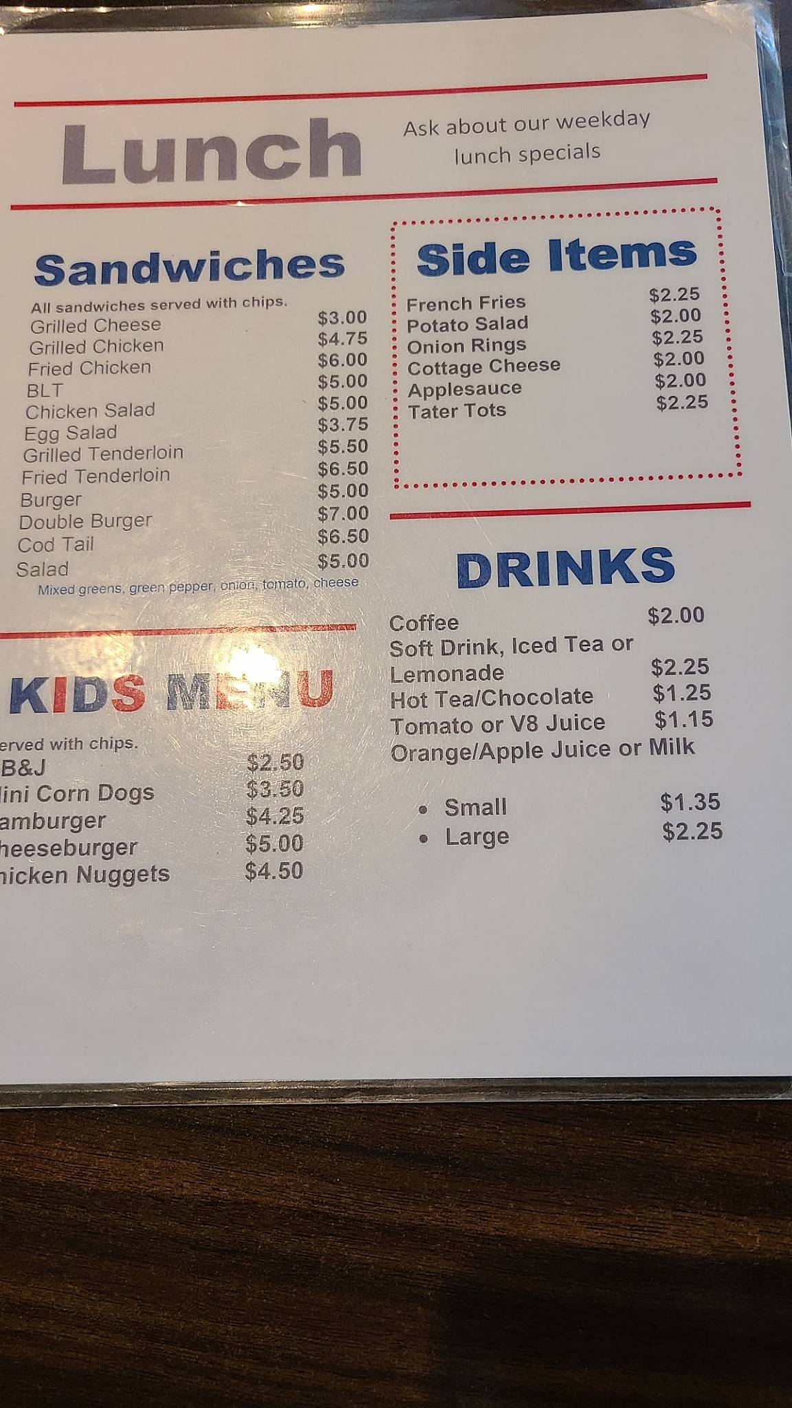 Menu at AJ's Main Street Diner restaurant, Richmond