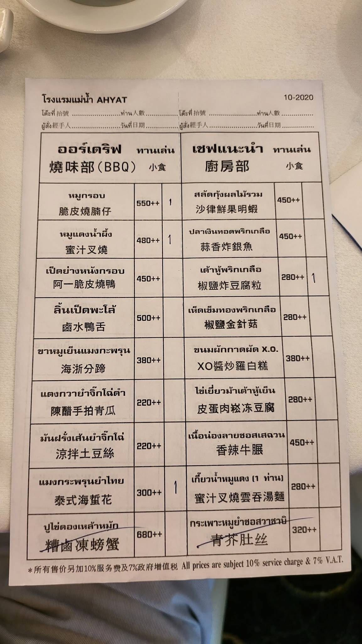 Menu at Ah Yat Abalone restaurant, Bangkok, โรงแรมแม่น้ำ ชั้น 2 2074 ...