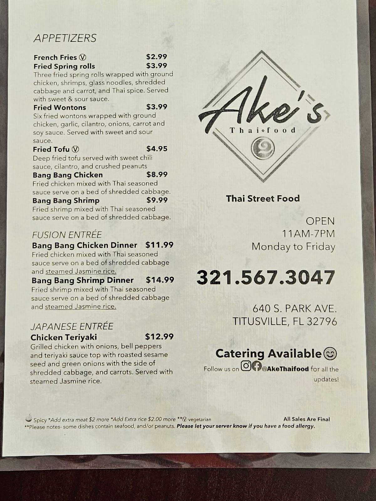 Menu at Ake's Thai Food restaurant, Titusville