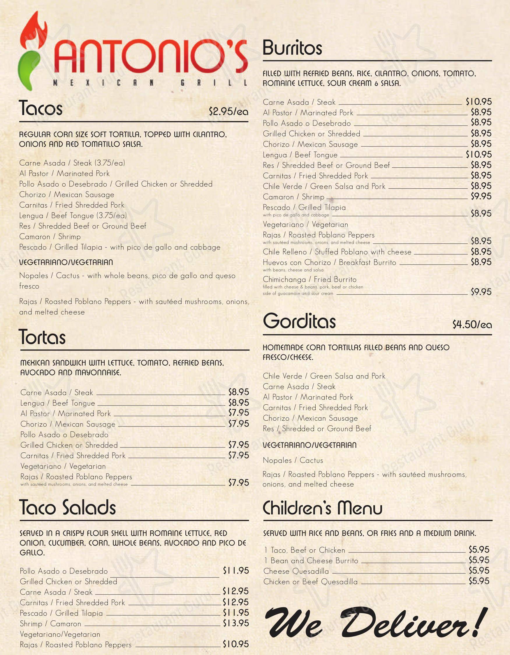 Menu at Antonios Mexican Grille restaurant, Houston