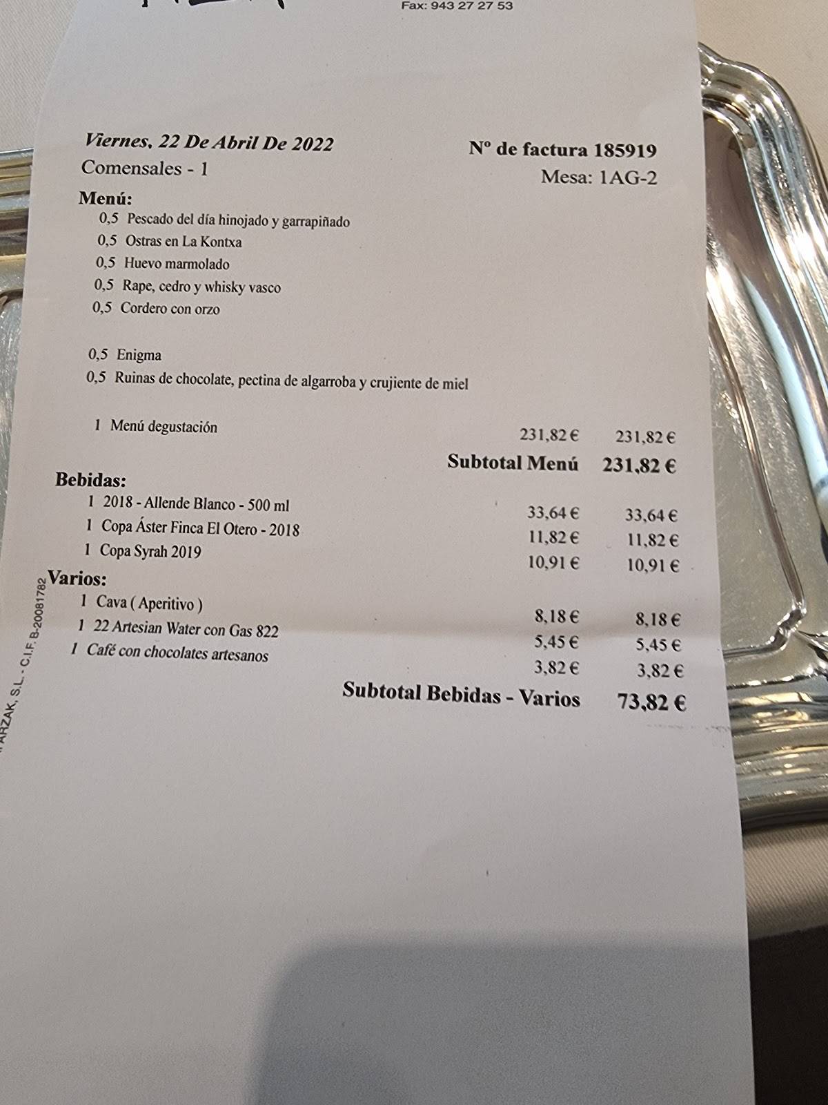 Menu at Arzak restaurant, San Sebastián, Alcalde J. Elosegi Hiribidea