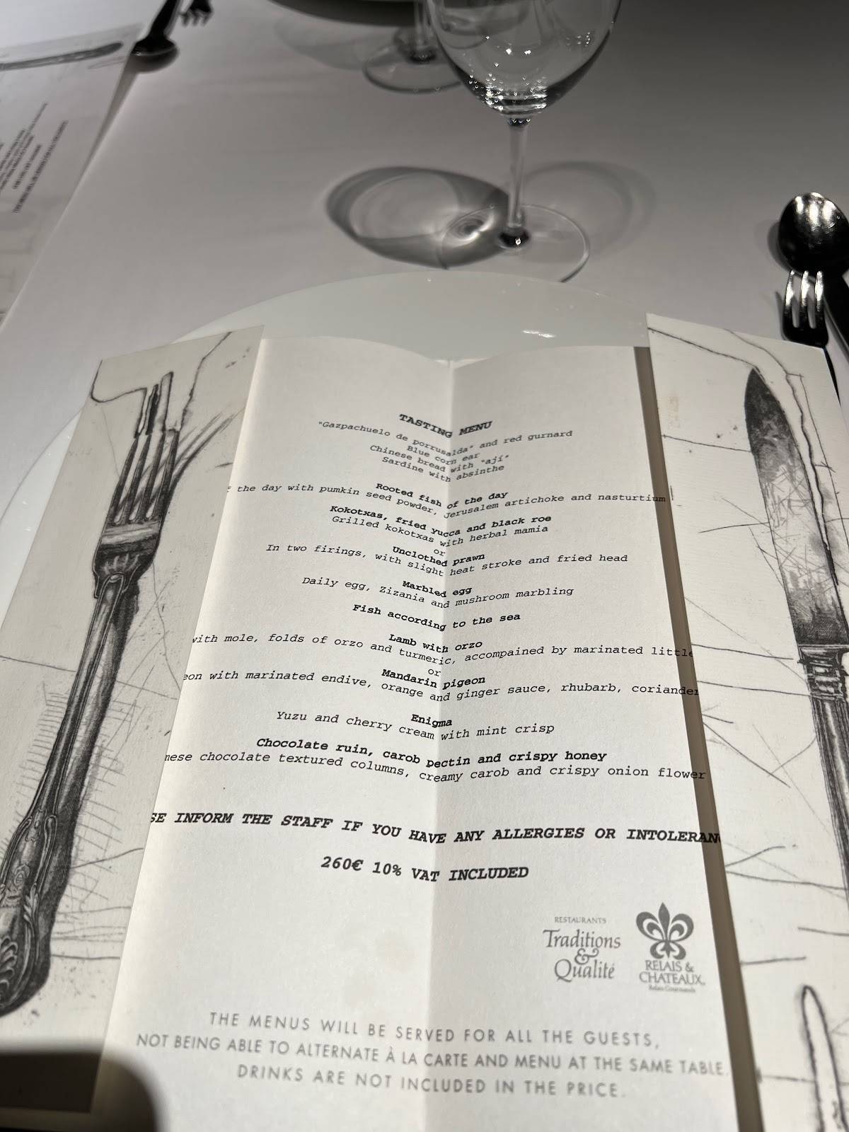 Menu at Arzak restaurant, San Sebastián, Alcalde J. Elosegi Hiribidea