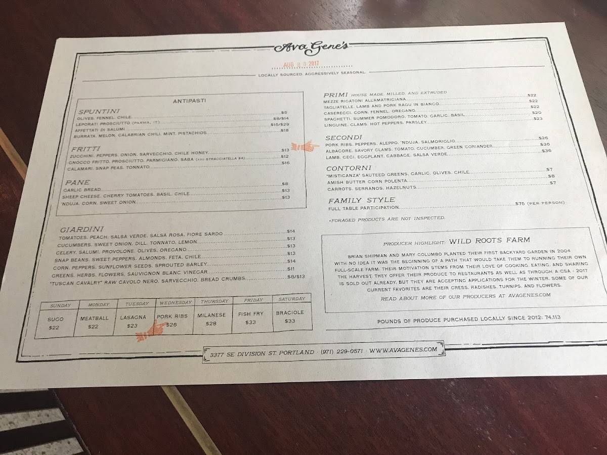 Menu at Ava Genes restaurant, Portland