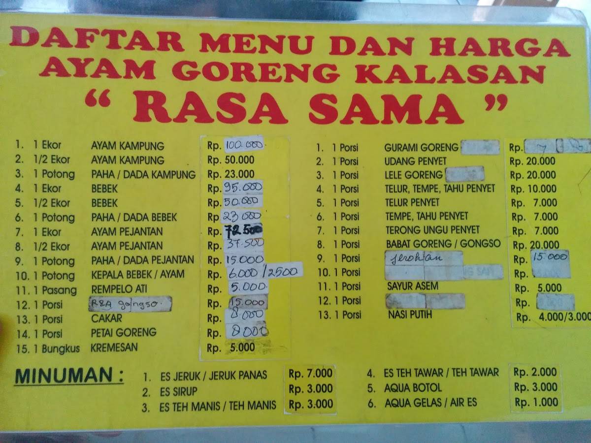 Menu at Ayam Kalasan RASA SAMA restaurant, Semarang, Jl. Mayjend Sutoyo ...
