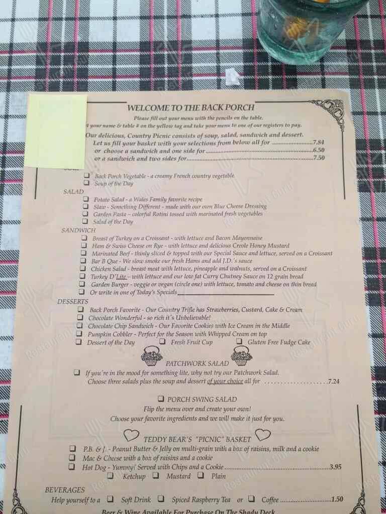 Menu at The Back Porch Restaurant, Lake Alfred, 115 Co Rd 557A