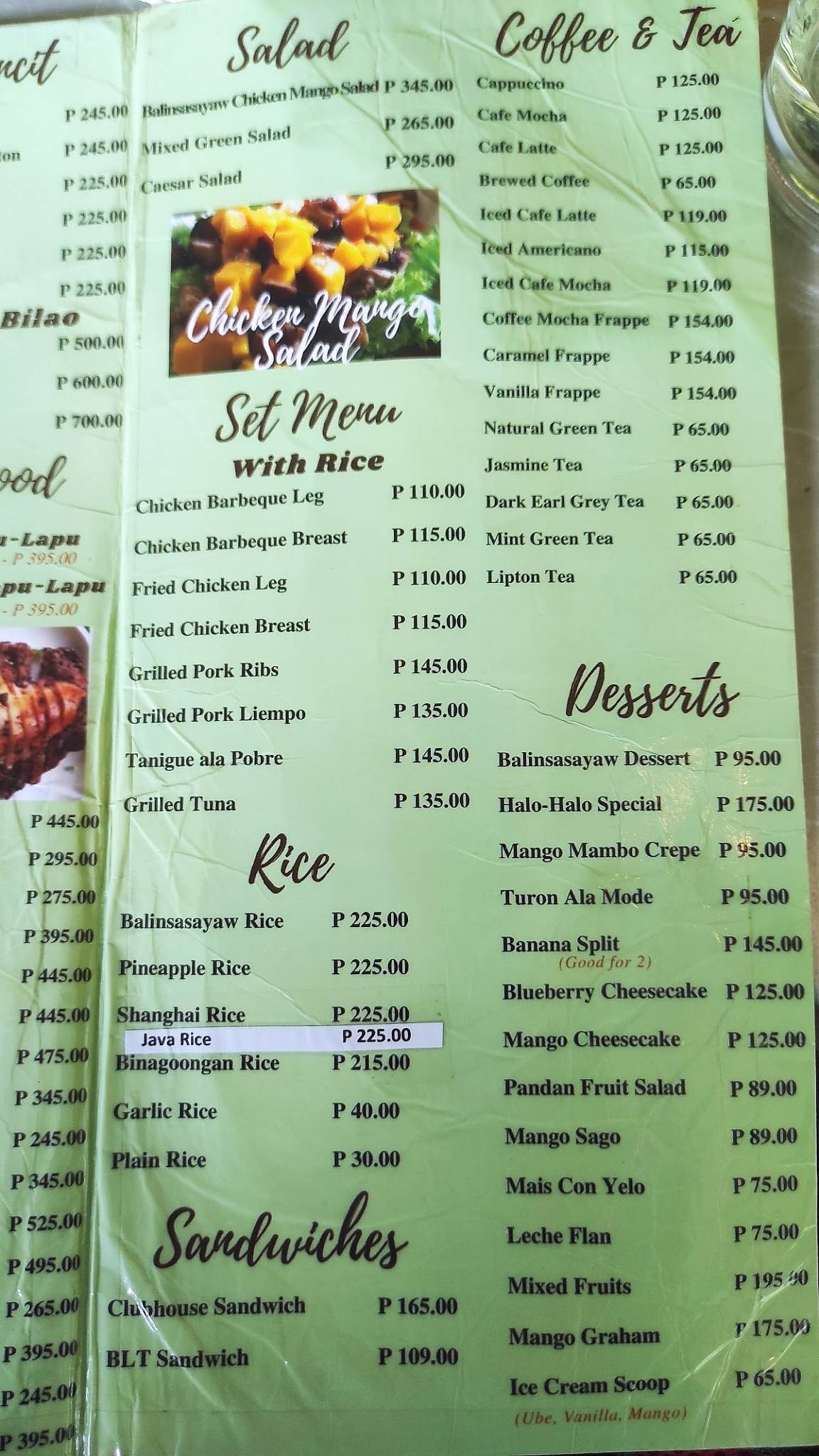 Menu at Balinsasayaw restaurant, Silang, KM44 Emilio Aguinaldo Hwy