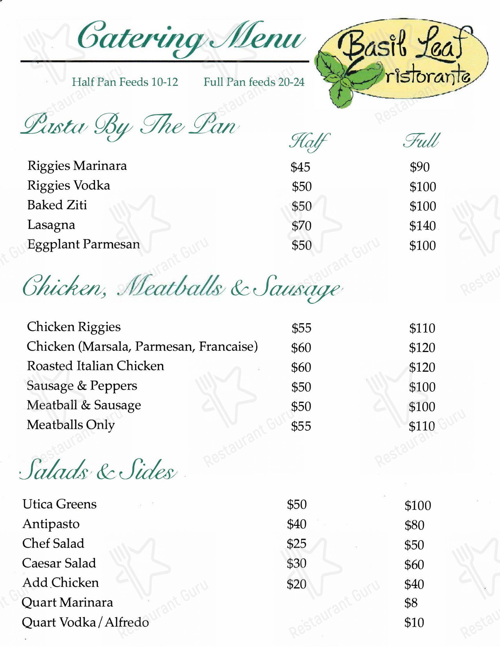 Menu at Basil Leaf restaurant, North Syracuse