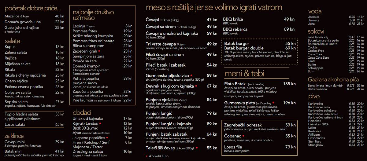 Menu at Batak Family mall restaurant, Zagreb