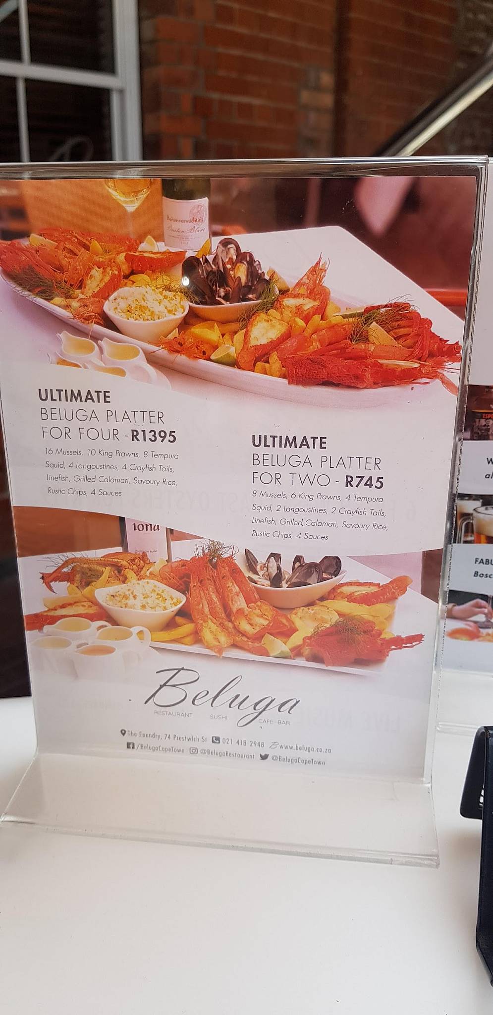 Menu at Beluga Cape Town restaurant, Cape Town