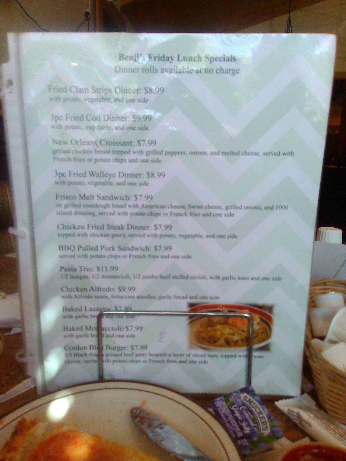 Menu at Benjamin's Family Dining restaurant, Clinton
