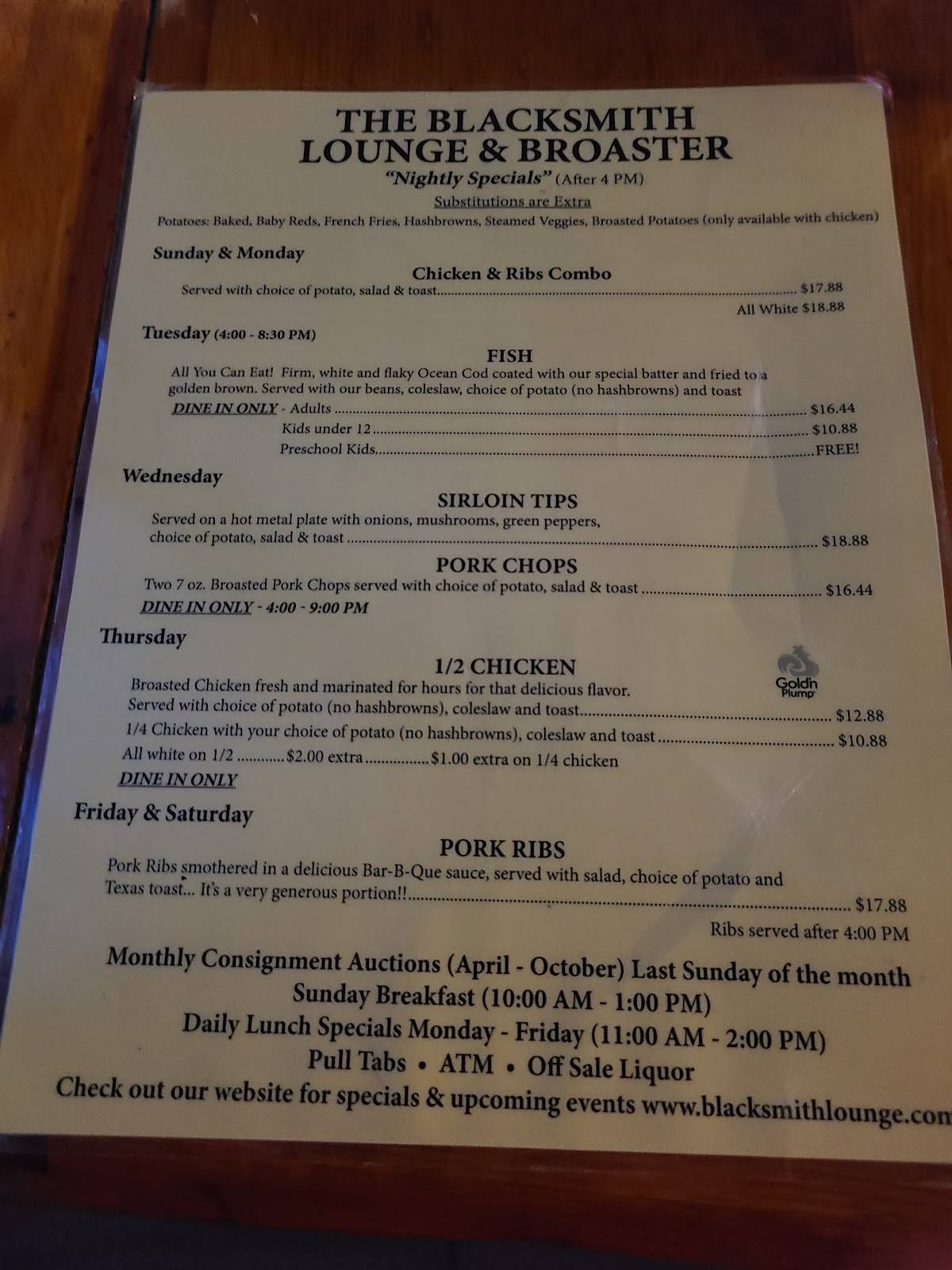 Menu at Blacksmith Lounge & Broaster restaurant, Hugo