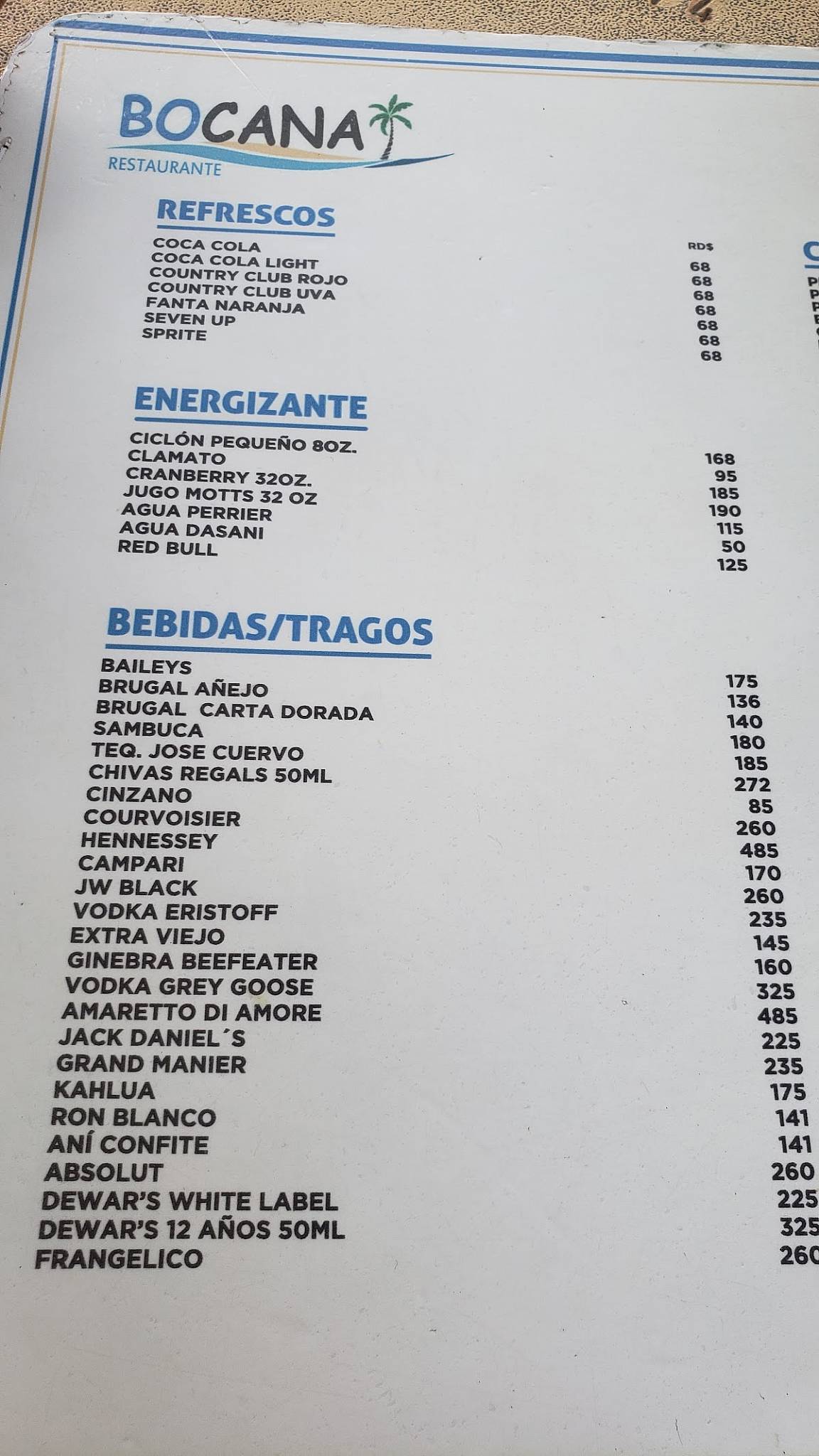 Menu at Bocana Beach & Club, Boca Chica