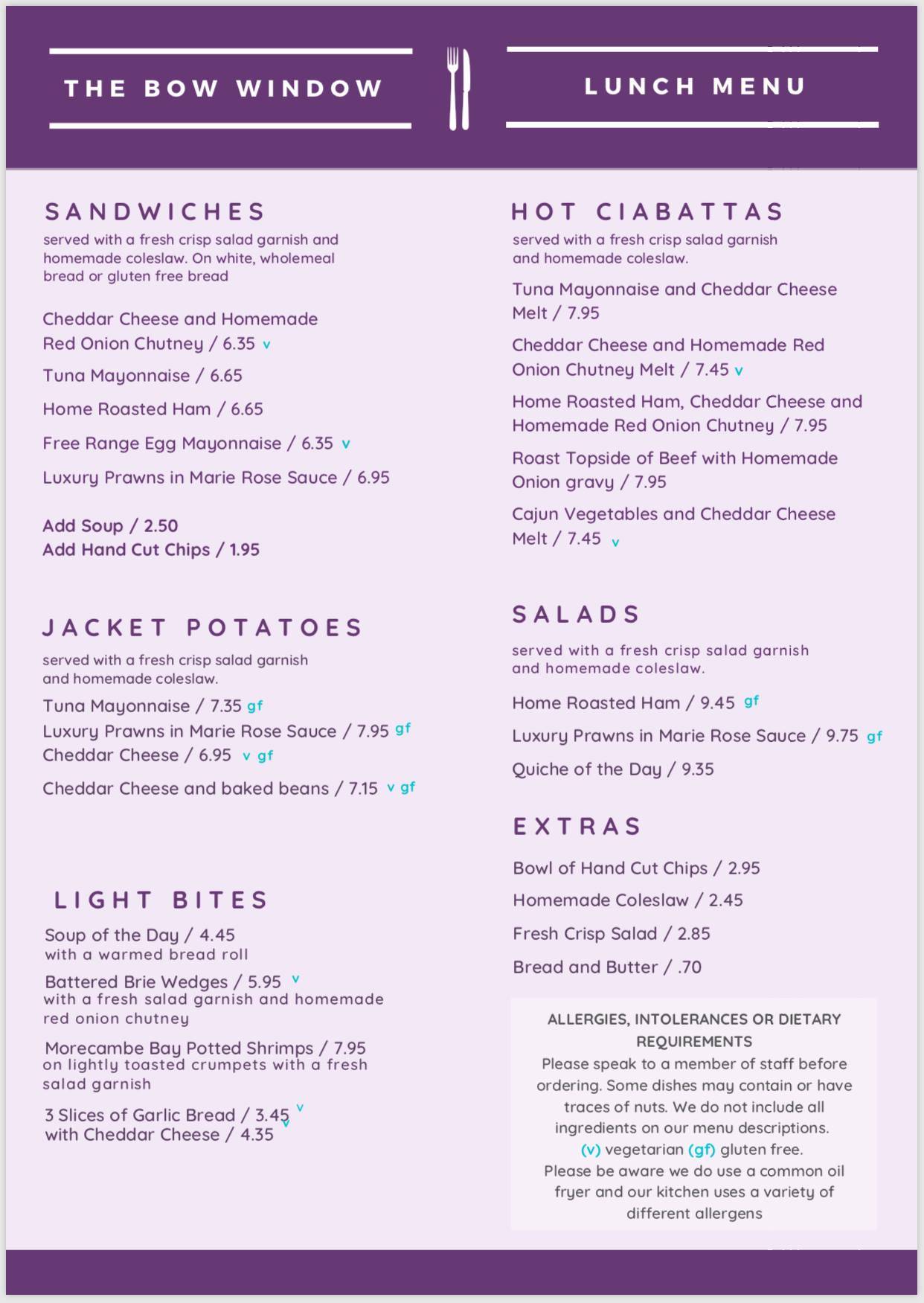 Menu at Bow Window restaurant, Morecambe