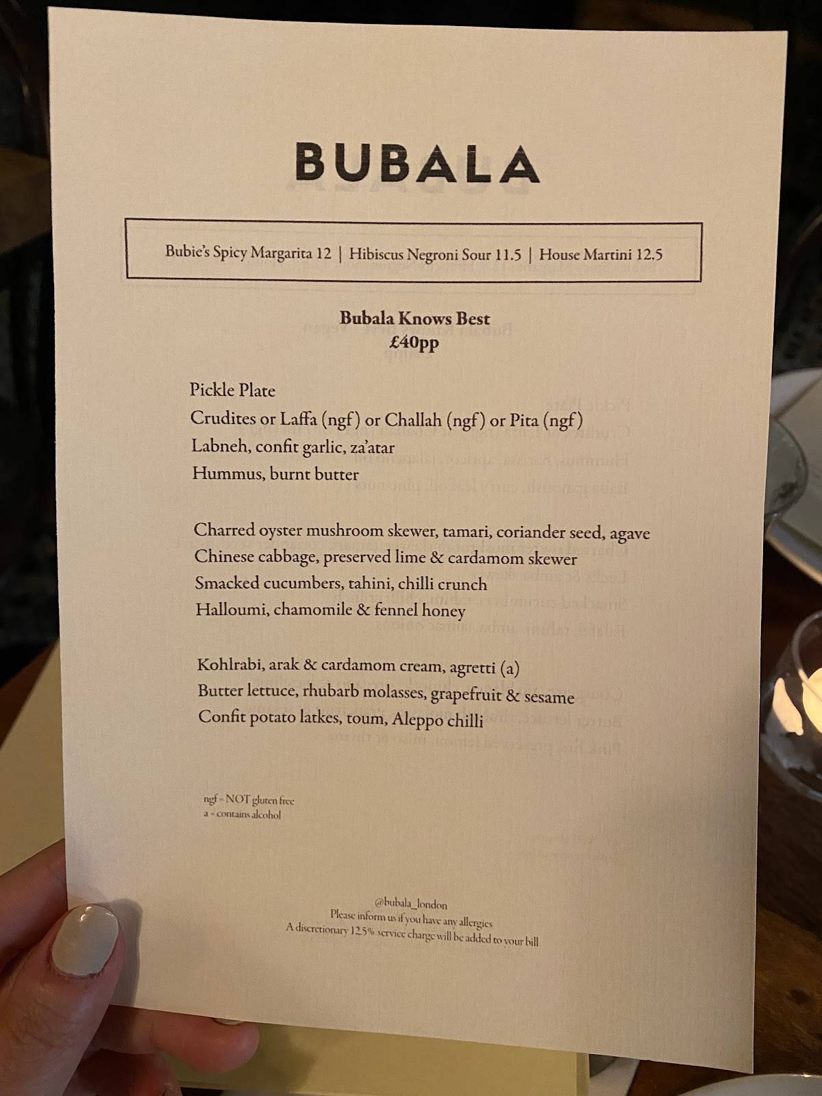 Menu at Bubala Soho restaurant, London