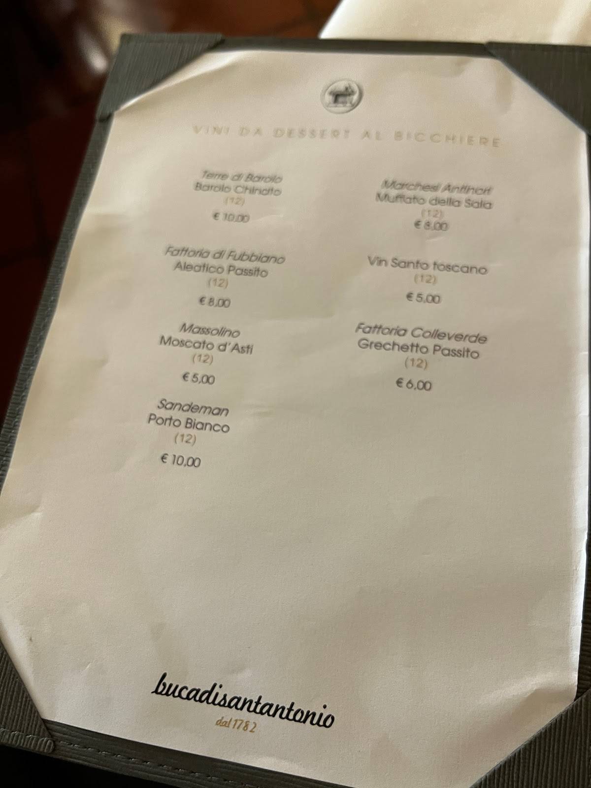 Menu at Buca di Sant'Antonio restaurant, Lucca