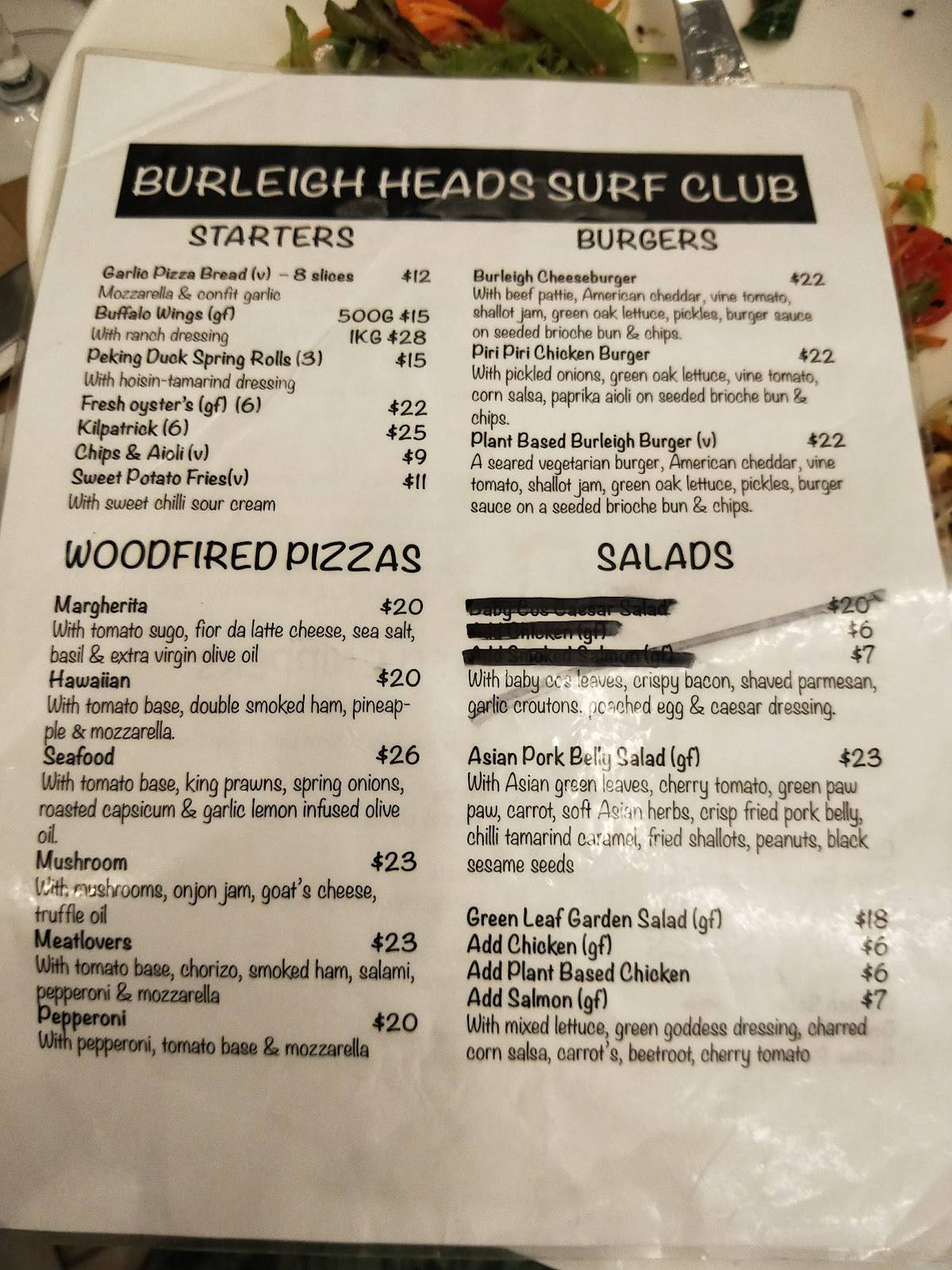 Menu at Burleigh Heads Mowbray Park SLSC restaurant, Burleigh Heads