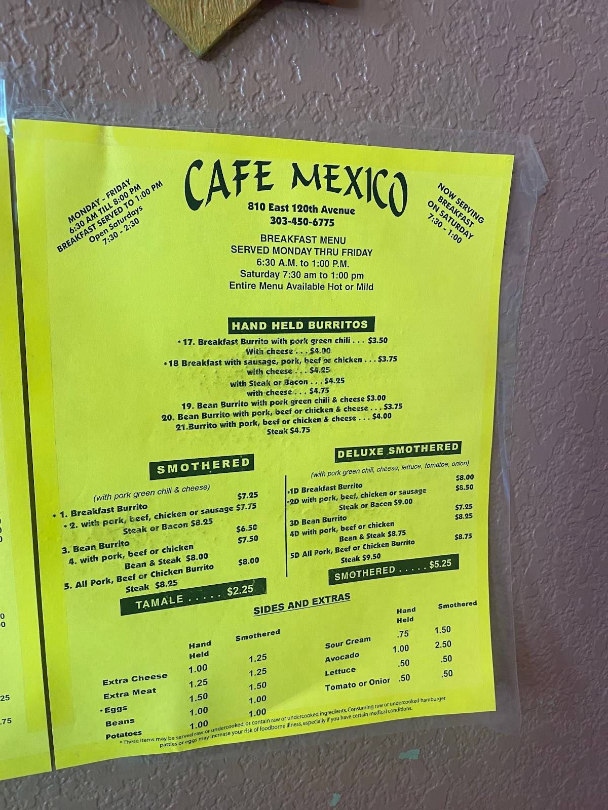 Menu at Cafe Mexico, Northglenn, 810 E 120th Ave