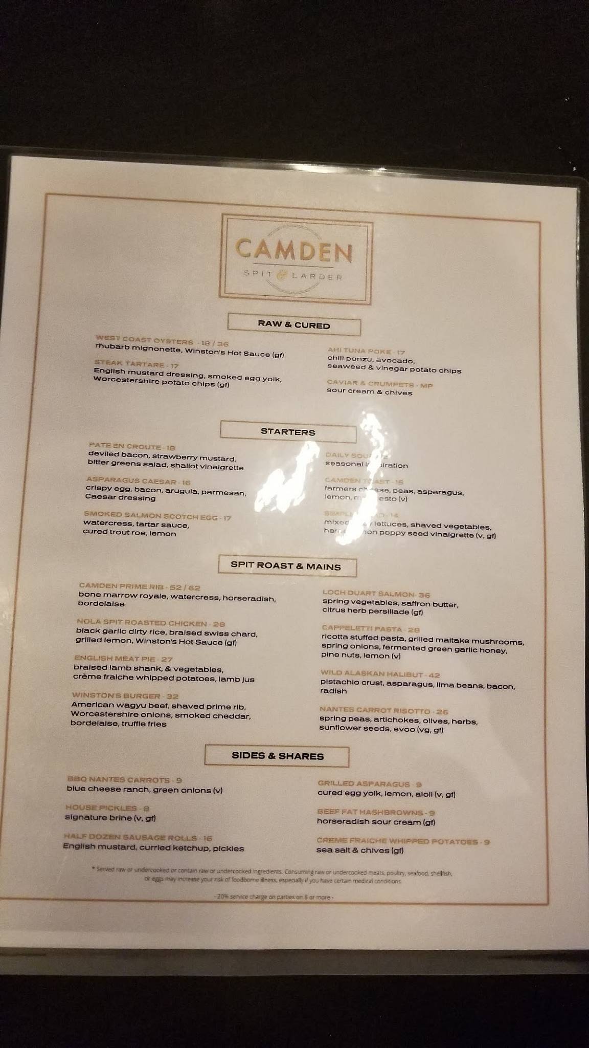Menu at Camden Spit & Larder restaurant, Sacramento