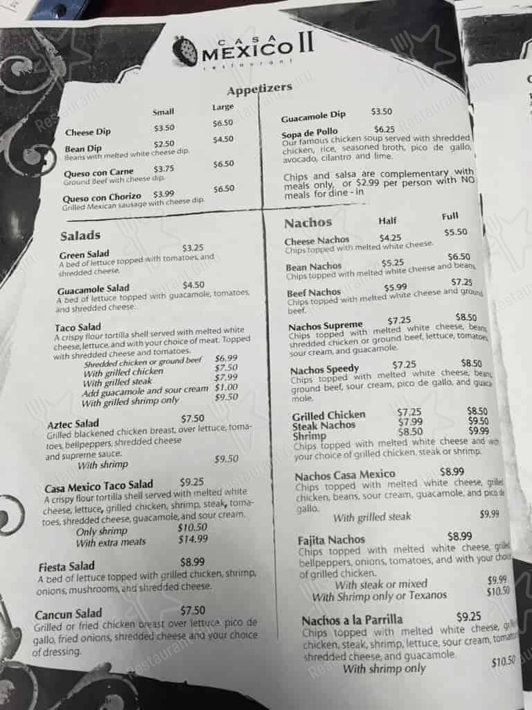 Menu at Casa Mexico II restaurant, Warner Robins