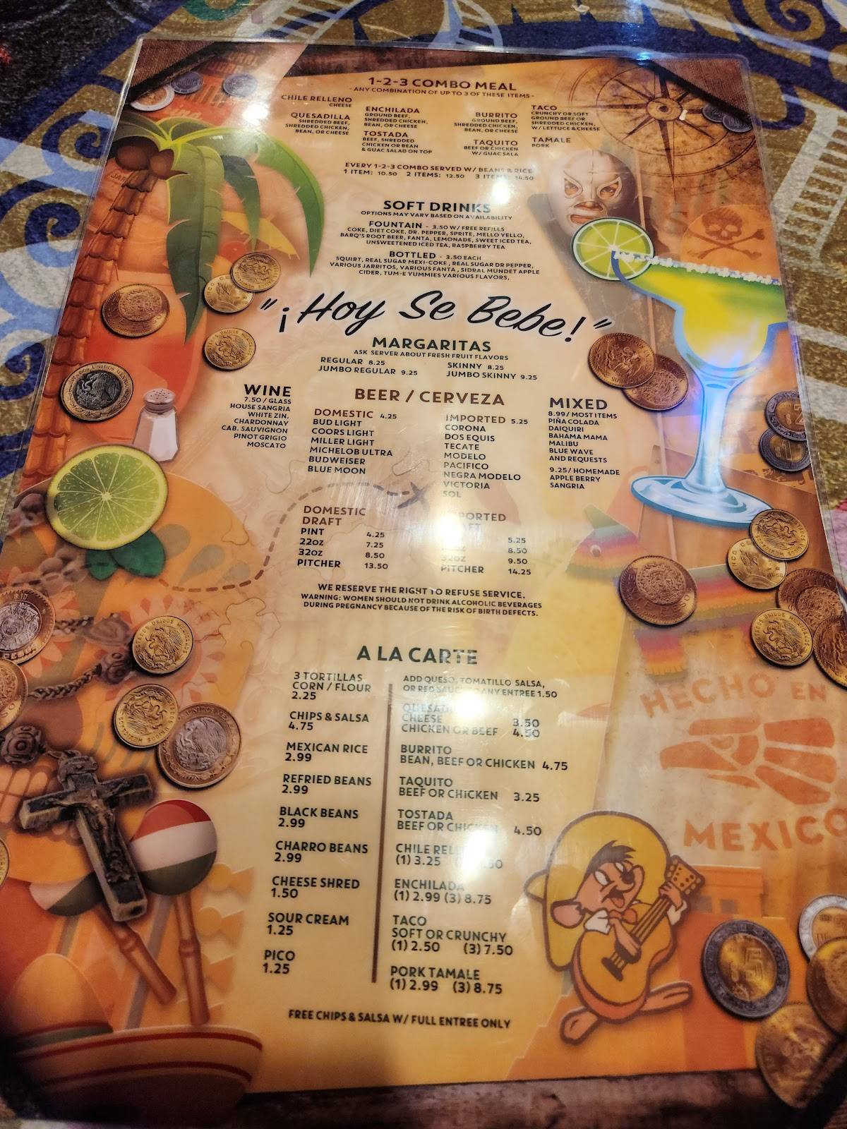 Menu at Cesar's Old Mexico restaurant, Springfield