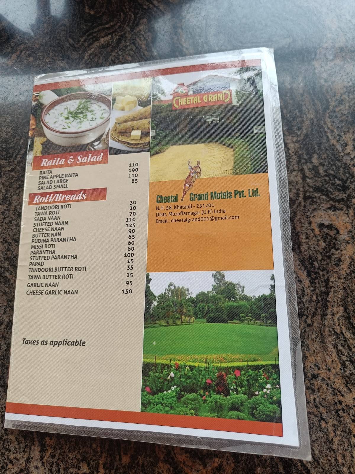 Menu at Cheetal Grand, Khatauli, Khatauli Bypass