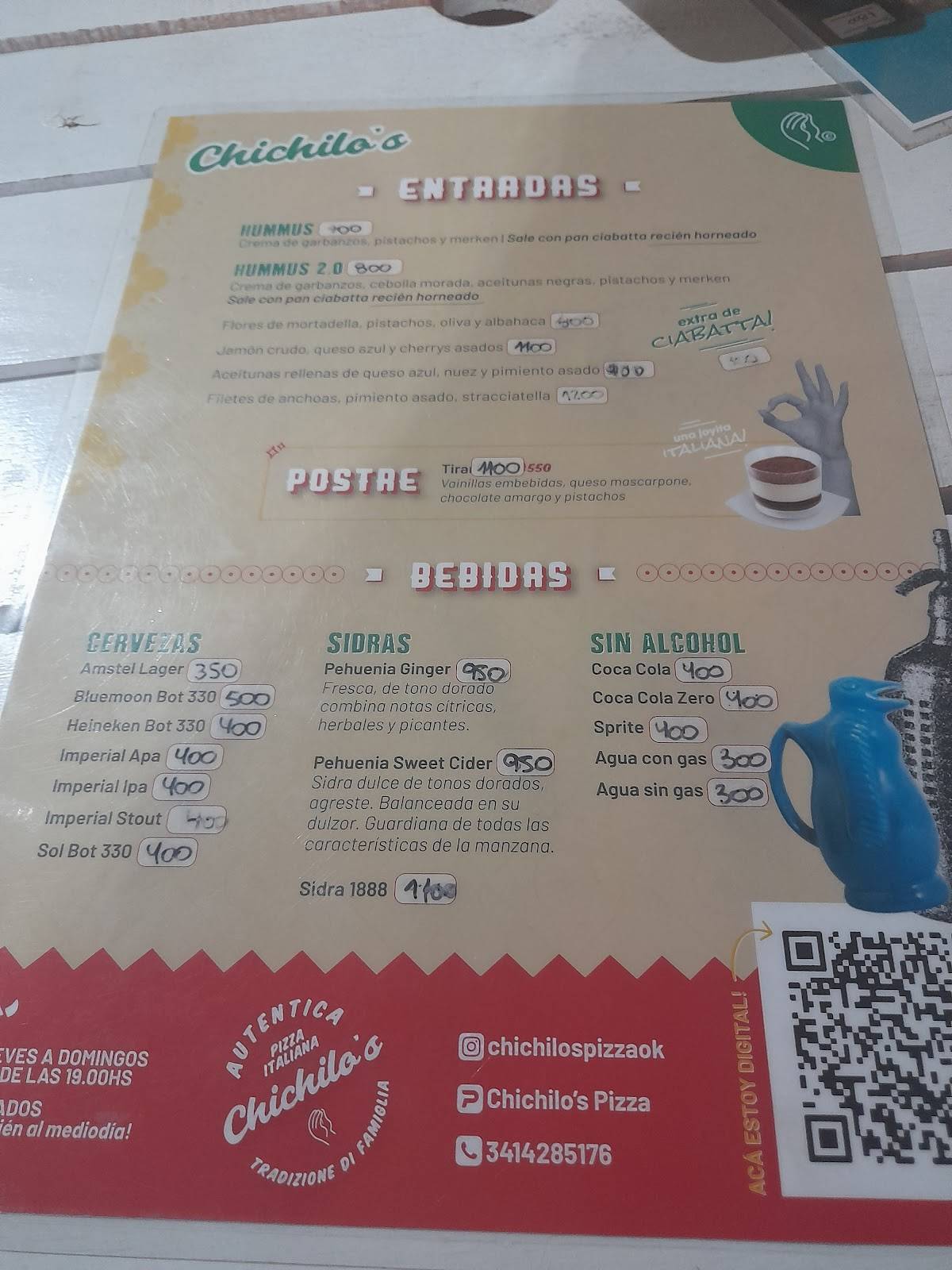 Carta del restaurante Chichilo's, Rosario, Gorriti 415