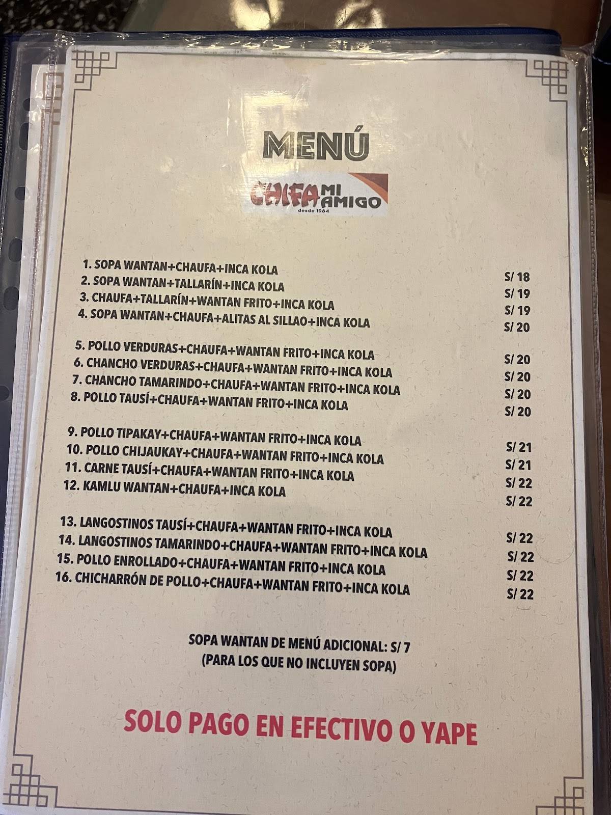 Carta del restaurante Chifa Mi Amigo, San Isidro