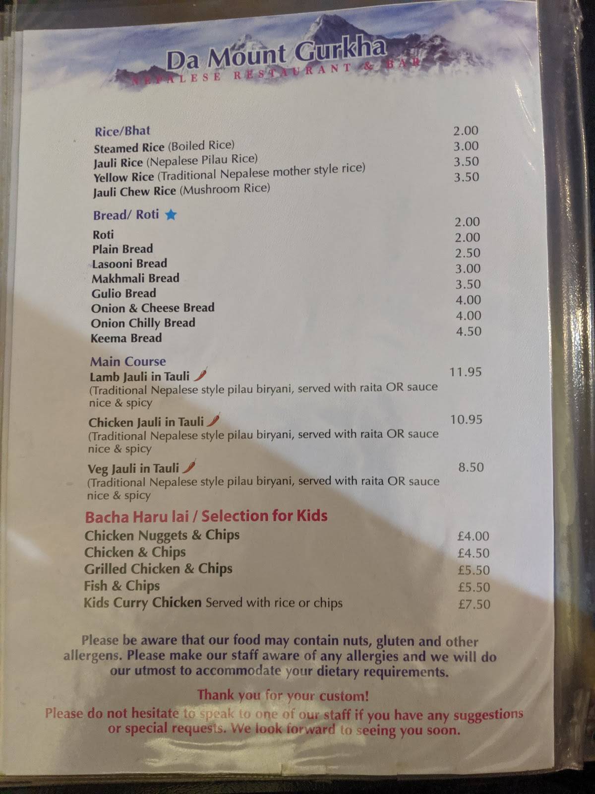 Menu at Da Mount Gurkha restaurant, Waterloo