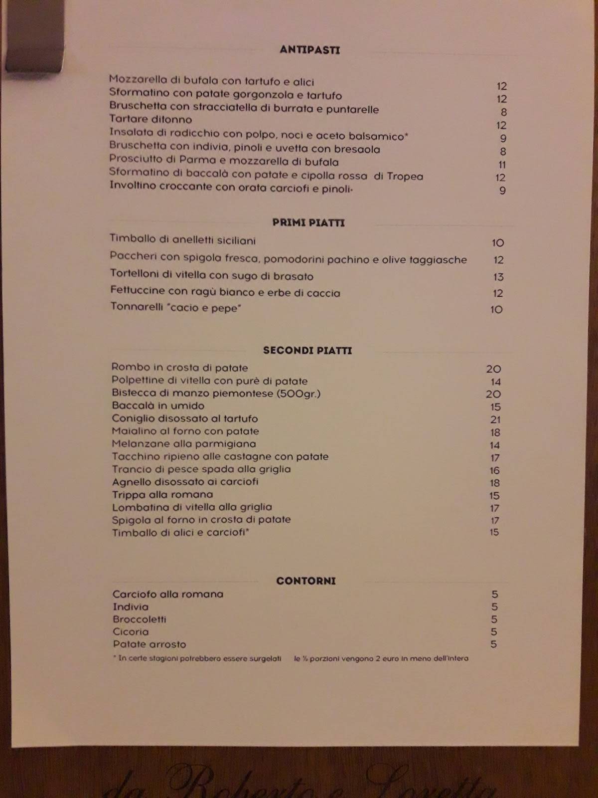 Menu at Da Roberto E Loretta restaurant, Rome