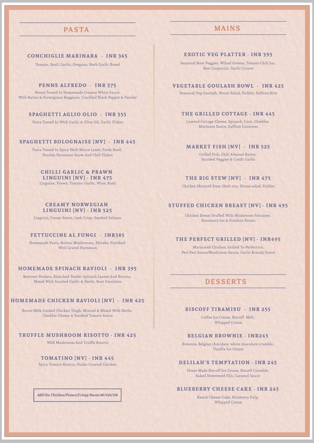 Menu at Delilah's Cafe, New Delhi
