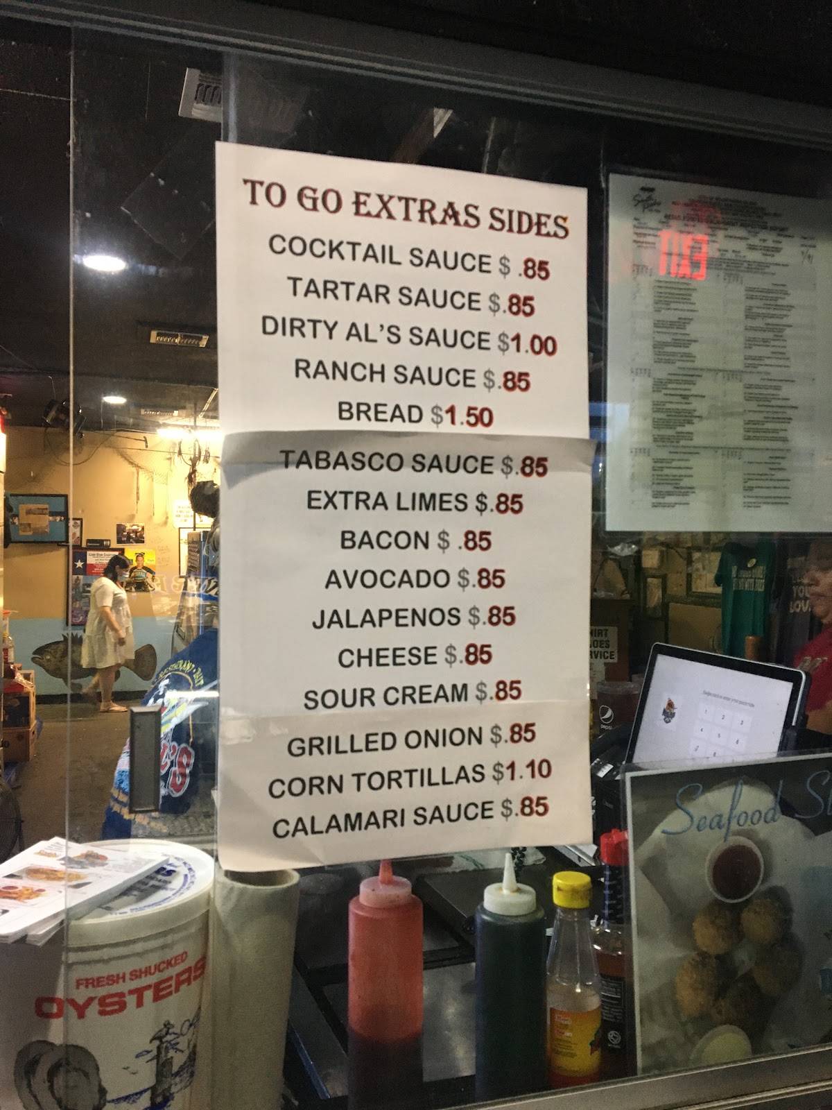 Menu at Dirty Al's restaurant, South Padre Island, State Park Rd 100