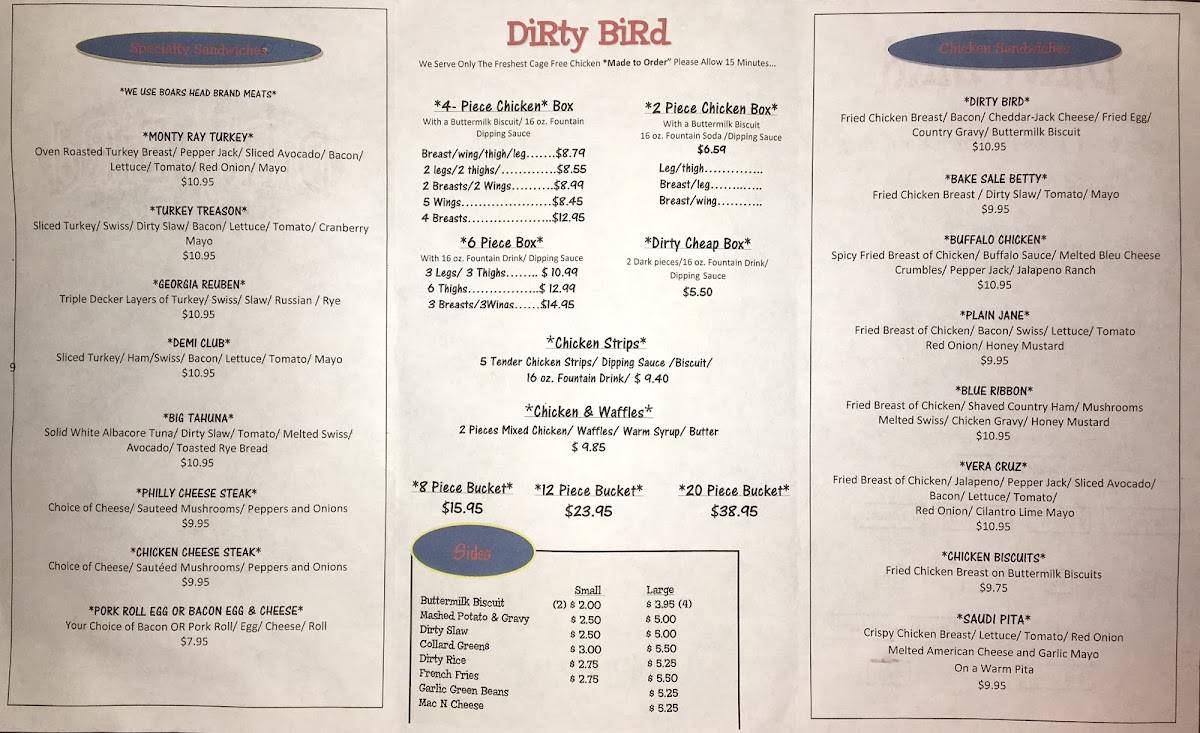 Menu at Dirty Bird restaurant, Morgantown