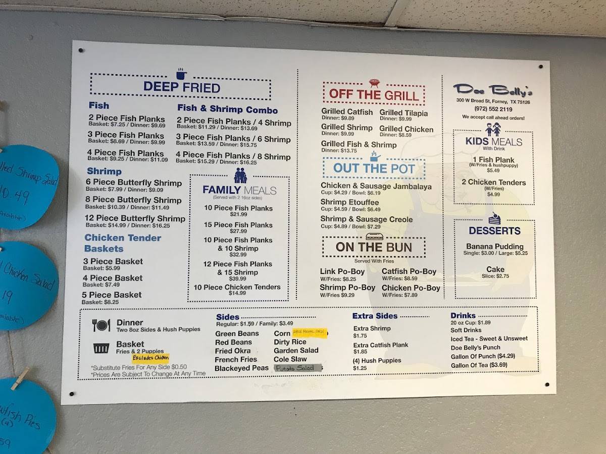 Menu at Doe Belly's restaurant, Forney