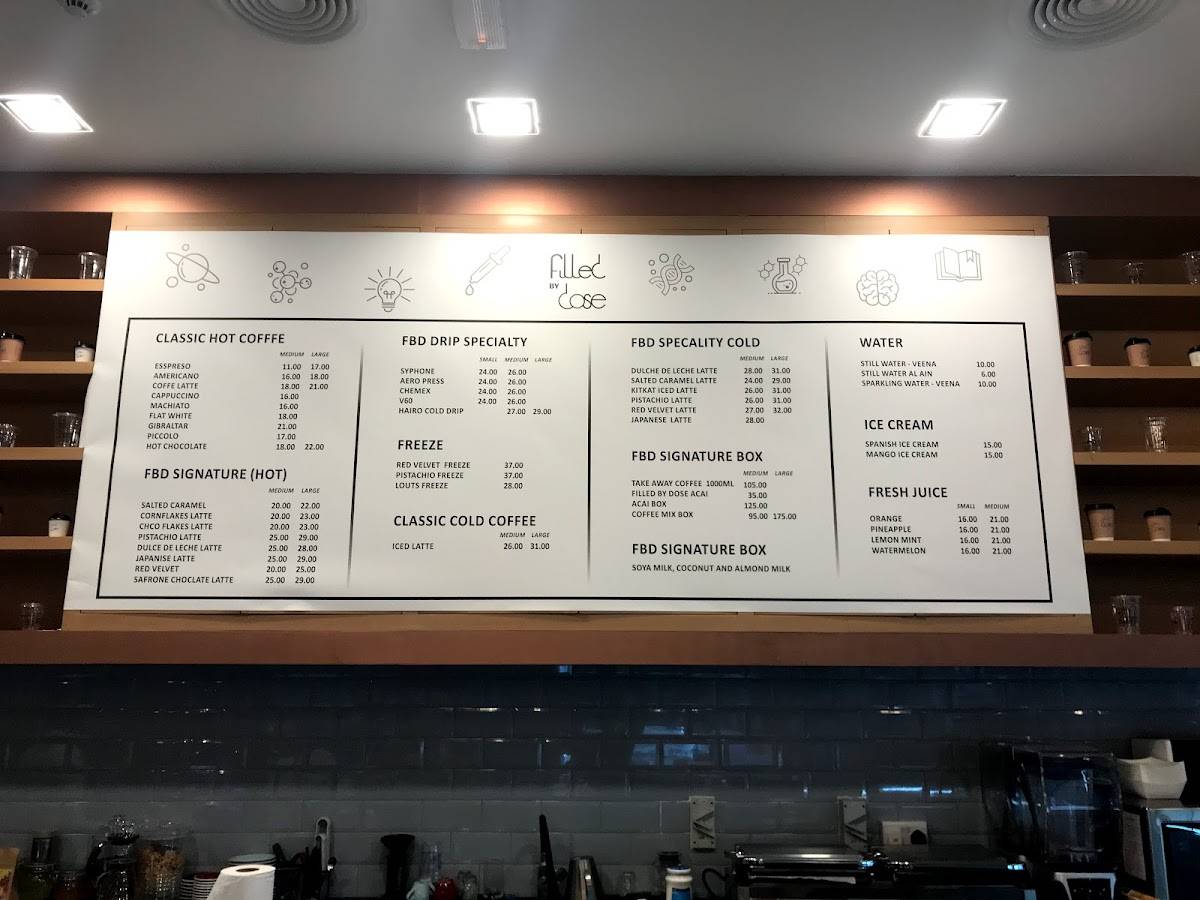 Menu at Dose Cafe, Abu Dhabi, 8J6C+89R