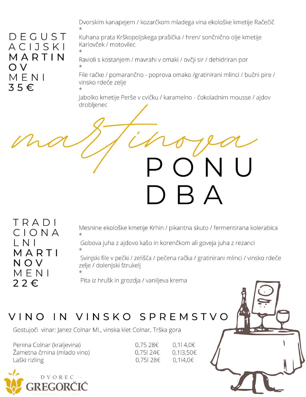 Menu at Dvorec Gregorčič restaurant, Šmarješke Toplice