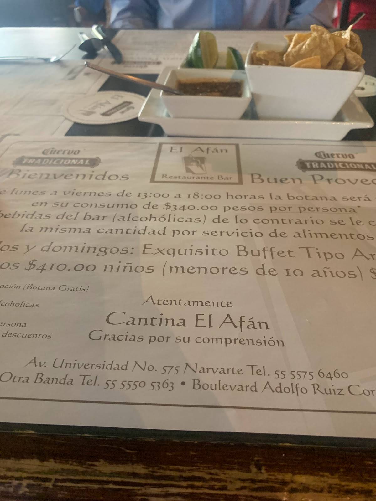 Carta de El Afán Restaurante Bar, Ciudad de México, Av. Universidad 575
