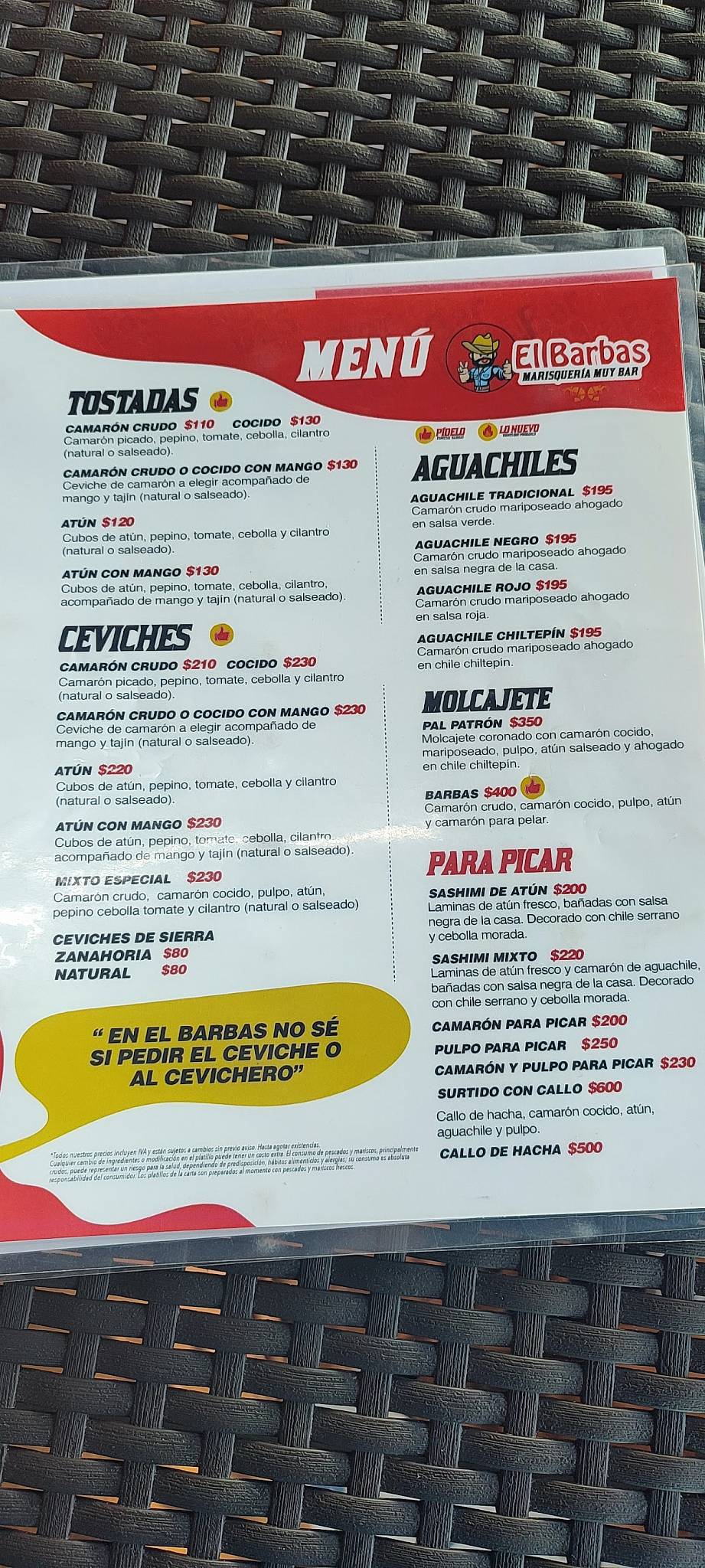 Carta del restaurante Tony Tijuana Tacos y Mariscos, Mazatlán