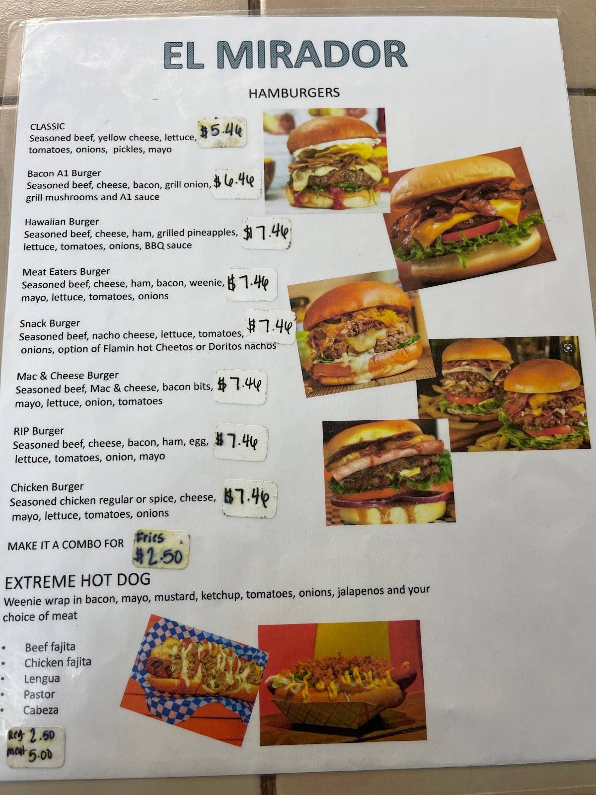 Menu at El Mirador restaurant, Port Lavaca