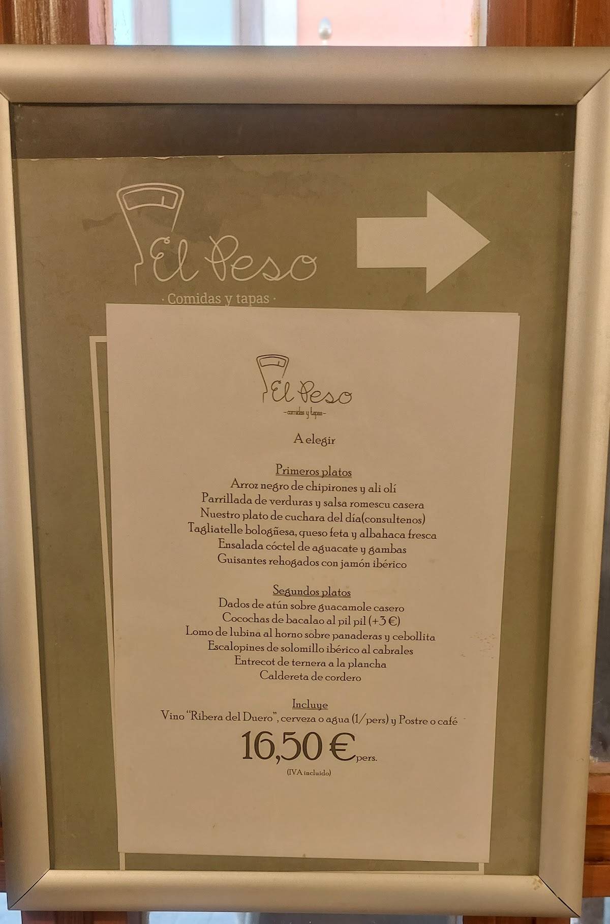 Carta del restaurante El Peso, Valladolid