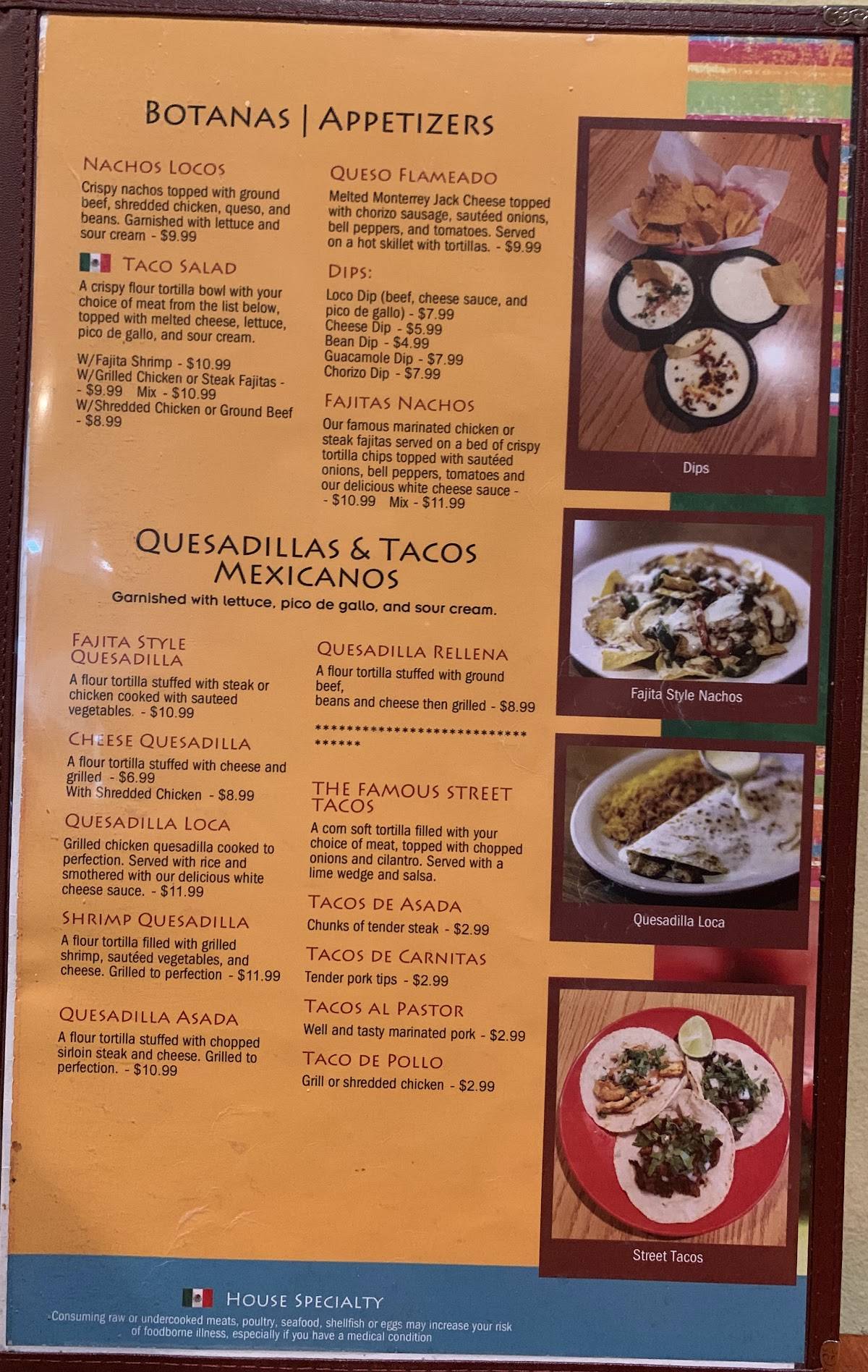 Menu at El Ranchero Loco restaurant, Pigeon Forge