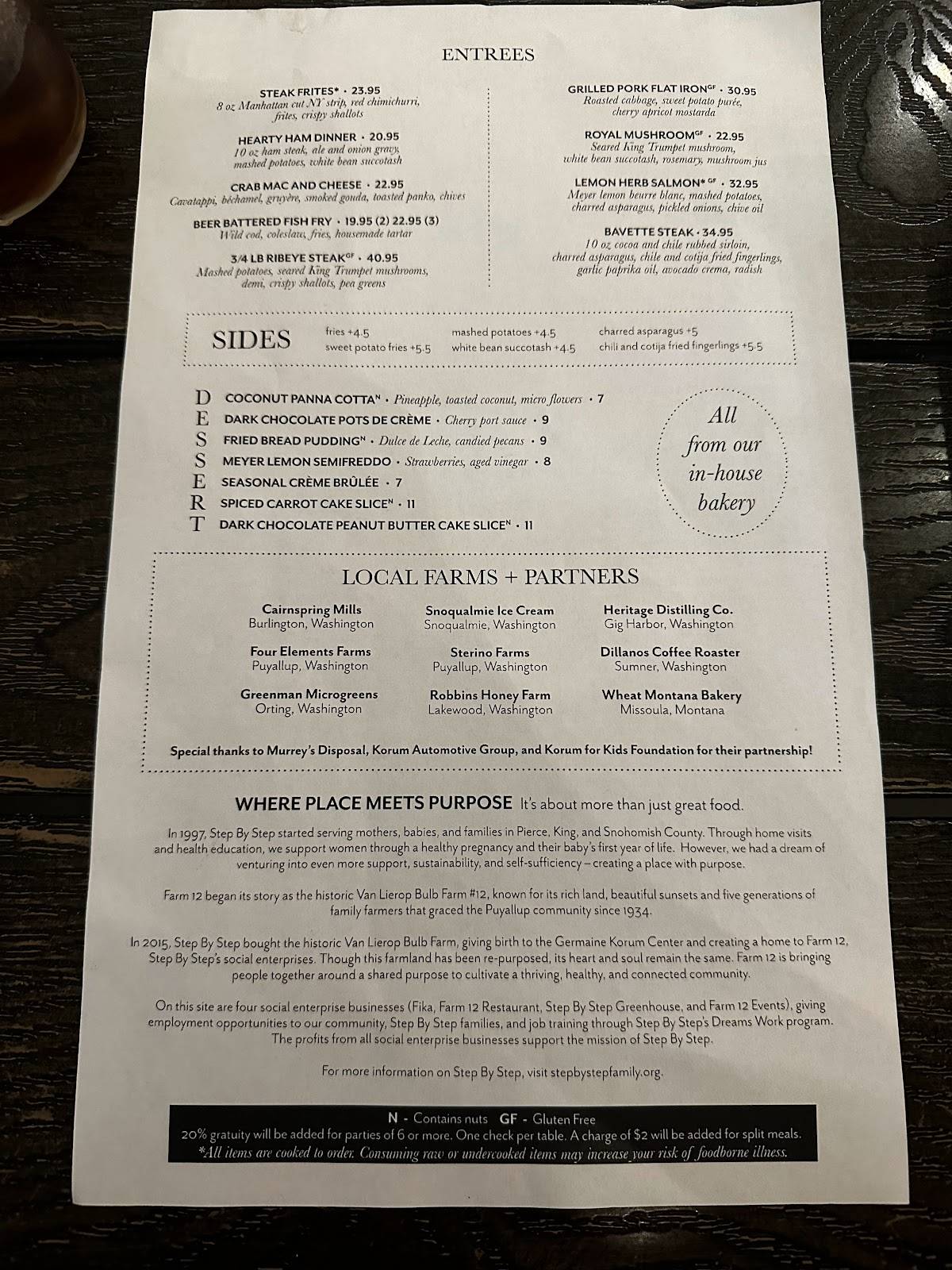 Menu at Farm 12 Restaurant, Puyallup