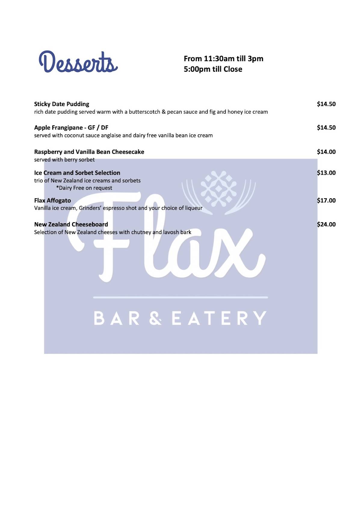 Menu at Flax Bar & Eatery, Christchurch