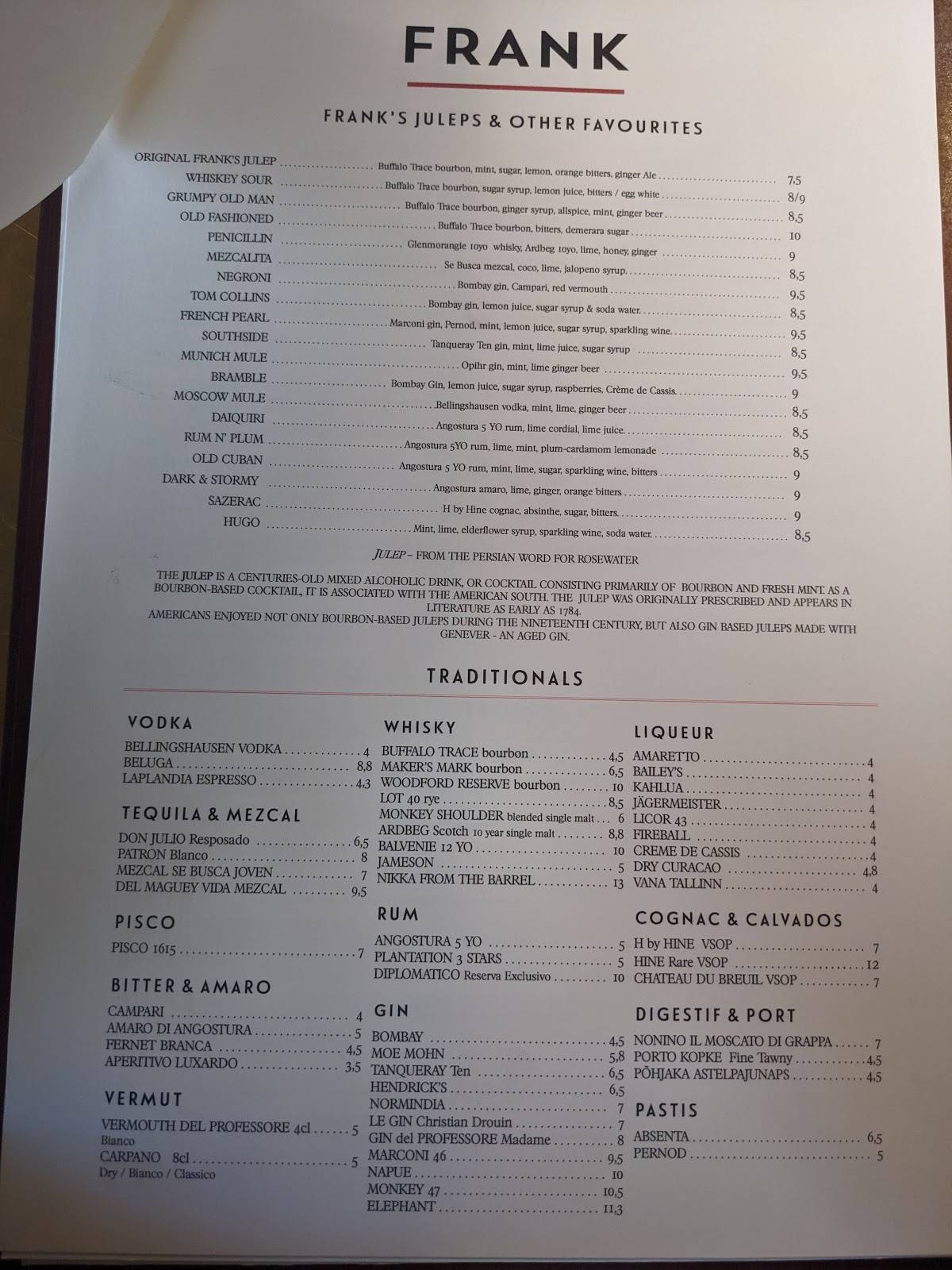 Menu at Restaurant Frank, Tallinn