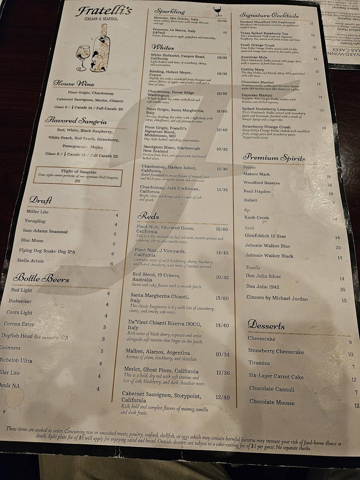 Menu at Fratelli's Italian & Seafood restaurant, Middletown