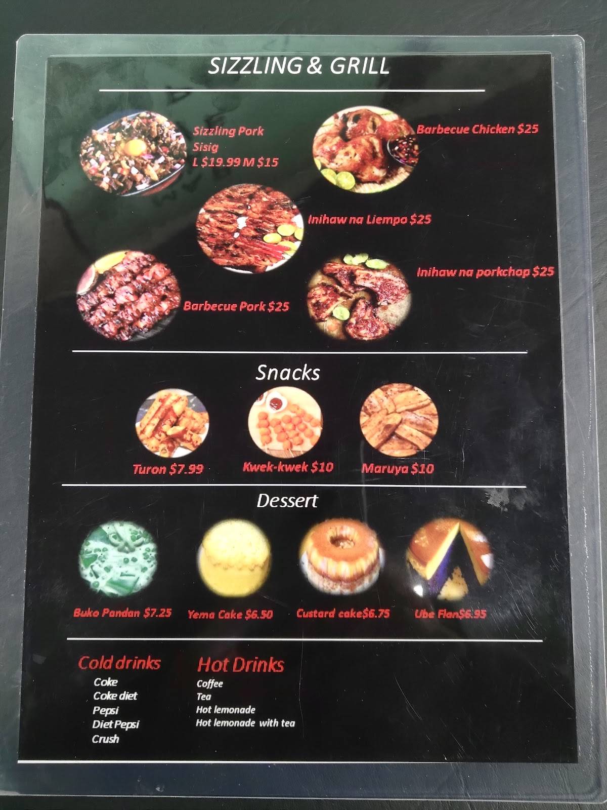 Menu au Giga's Pinoy Carinderia restaurant, Cochrane