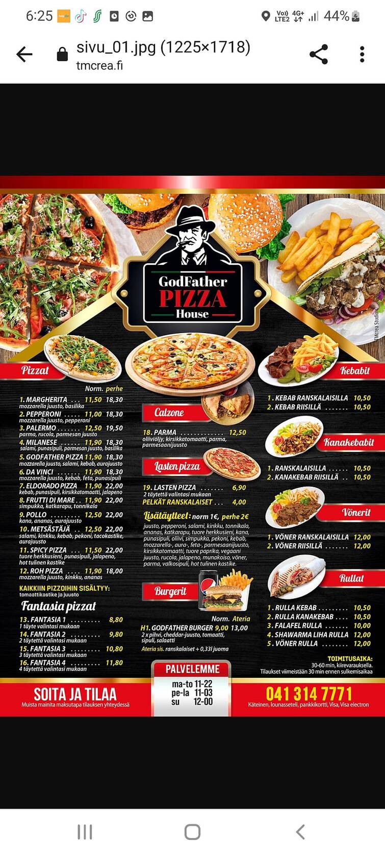 Menu at Godfather Pizza House restaurant, Espoo