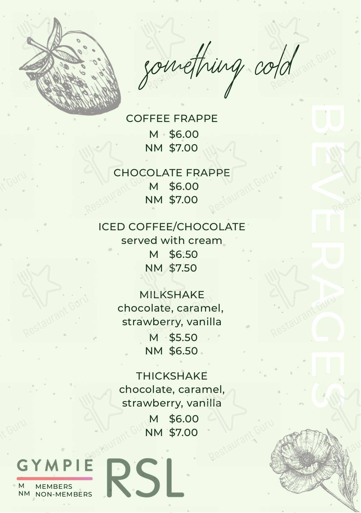 Menu at Gympie RSL Club, Gympie